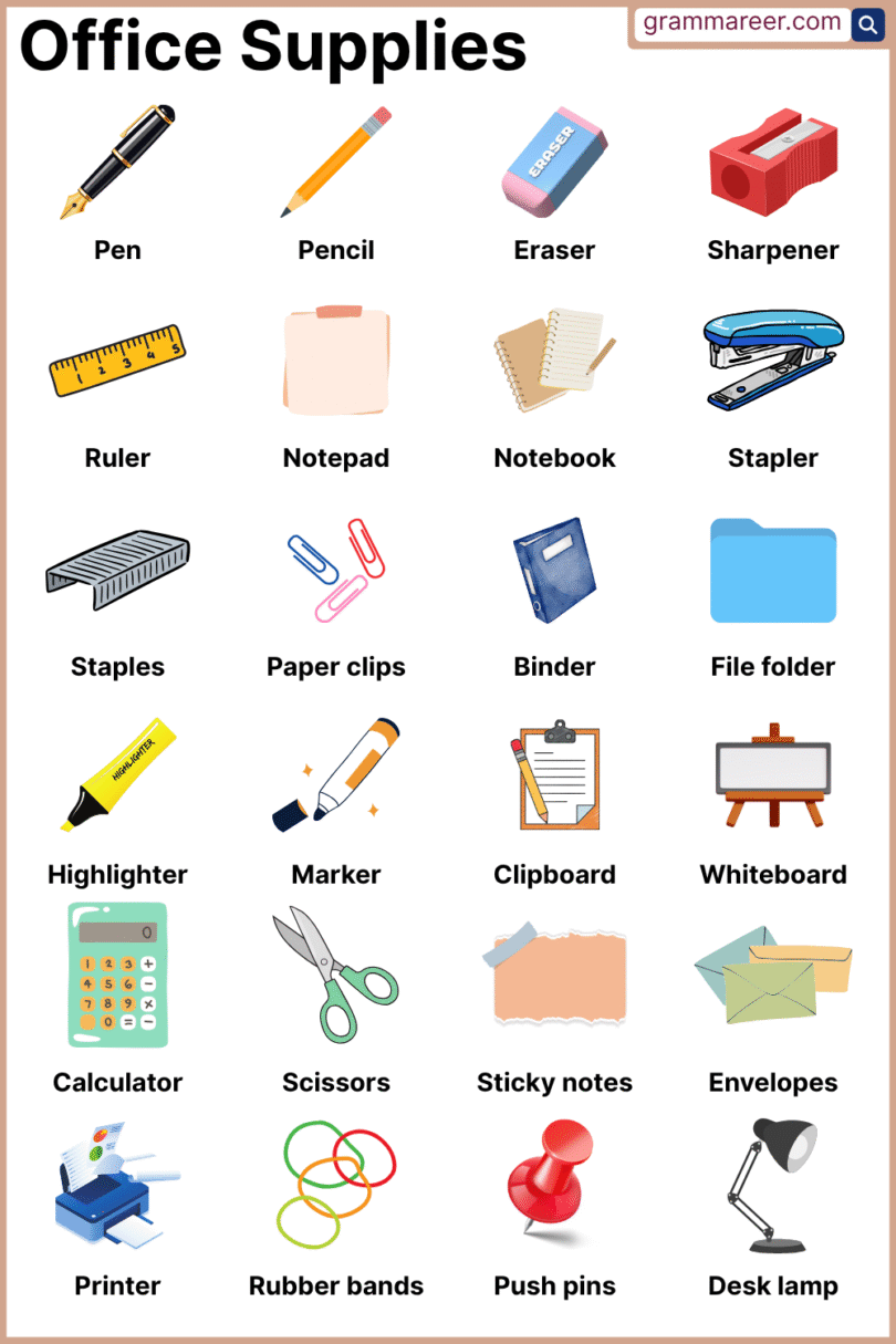 Office Supplies Names in English with Pictures List - Grammareer
