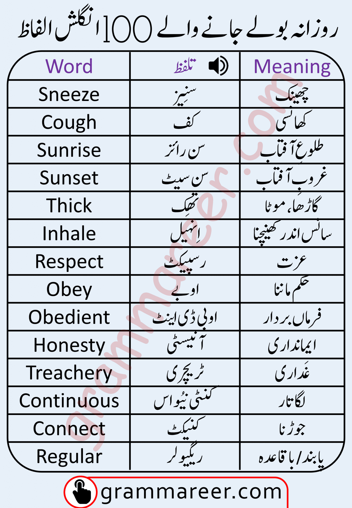 100 Daily Use English Words with Urdu Meanings - Grammareer