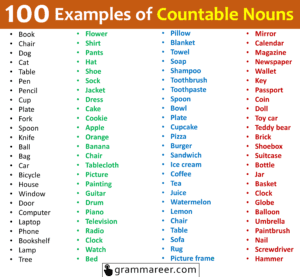 100 Examples of Countable Nouns in English - Grammareer