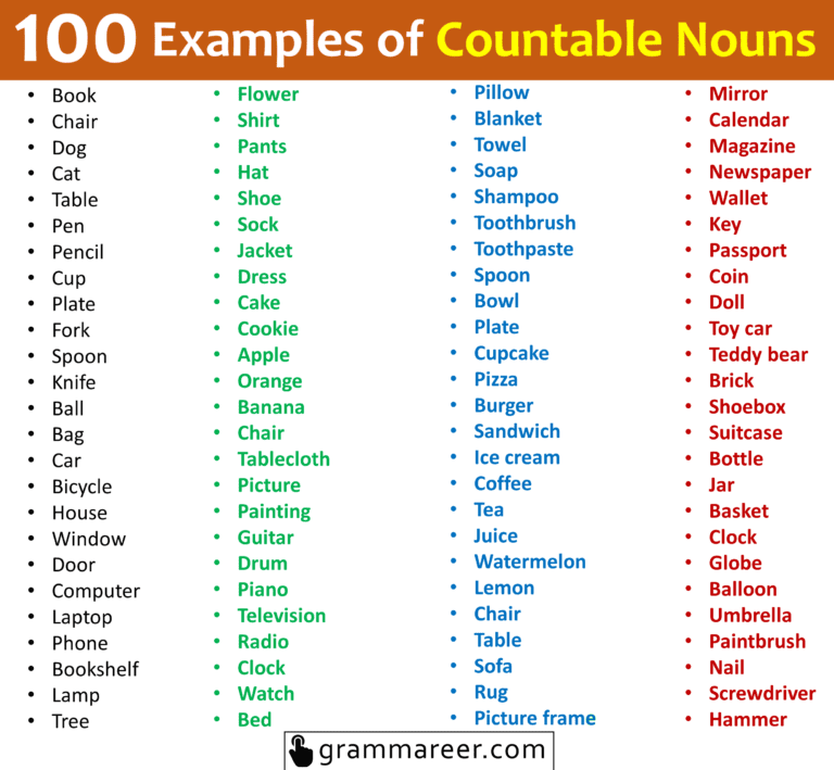 100 Examples of Countable Nouns in English - Grammareer