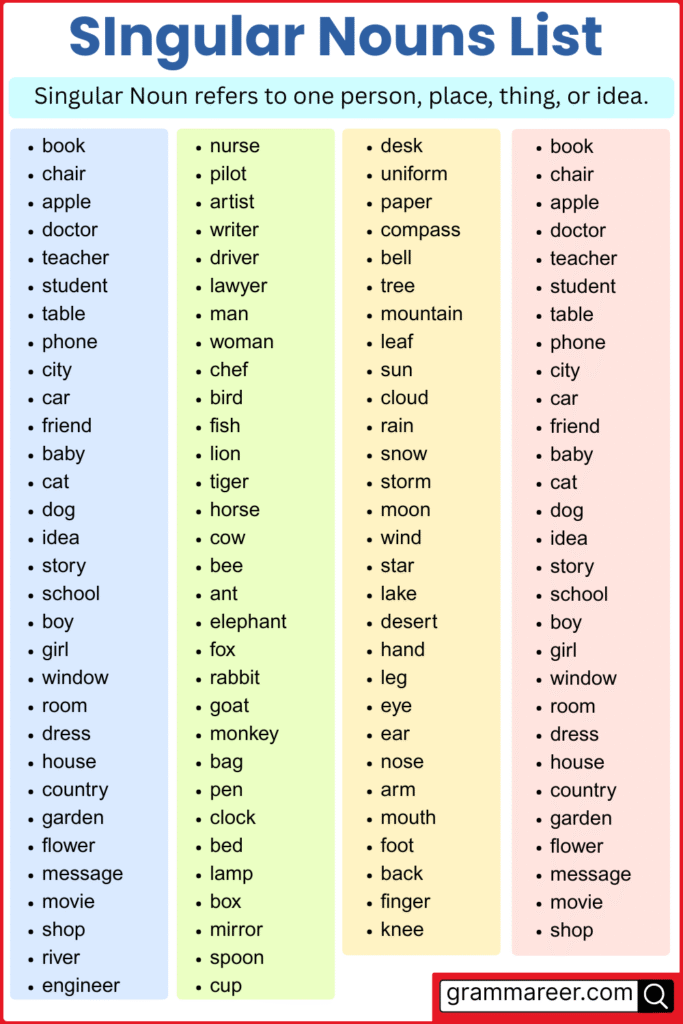 150 Common Singular Nouns List in English with Examples - Grammareer
