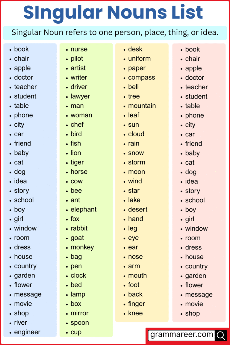 150 Common Singular Nouns List in English with Examples - Grammareer