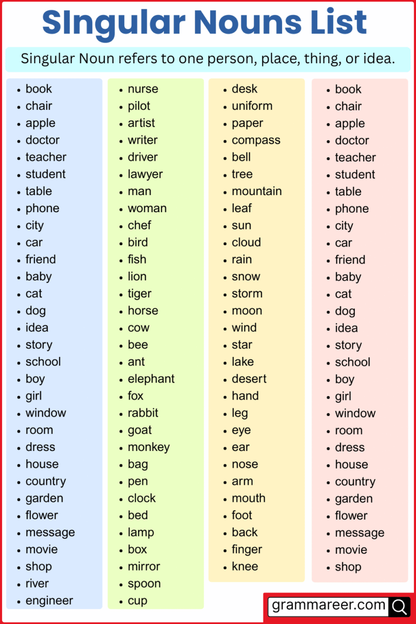150 Common Singular Nouns List in English with Examples - Grammareer