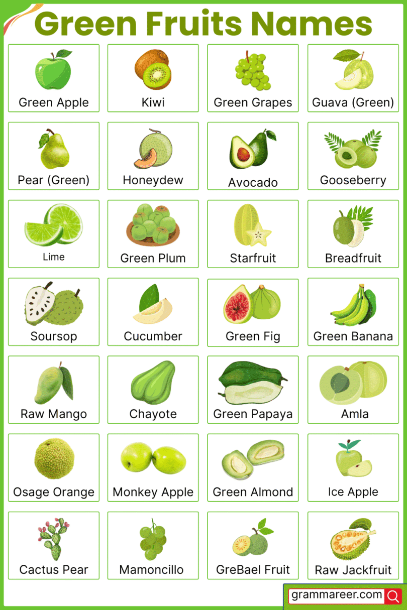 30 Green Fruit Names with Pictures in English - Grammareer