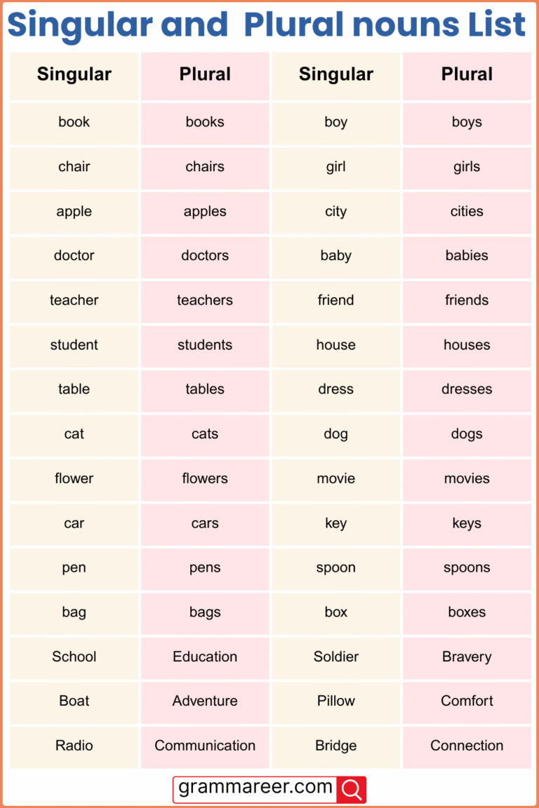 150 Common Singular Nouns List in English with Examples - Grammareer