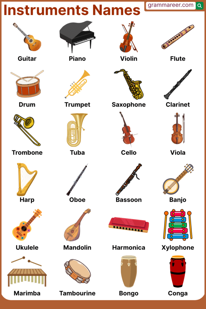 Musical Instruments Names List, Sounds, Types and their Pictures - Grammareer