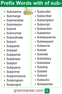 Prefix Words sub- in English: 100+ Words List - Grammareer