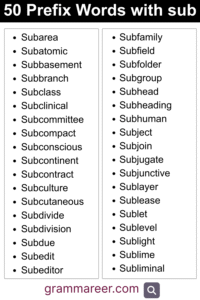 Prefix Words sub- in English: 100+ Words List - Grammareer